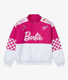 Barbie Pink and White Racer Cotton Motorcycle Jacket – The Jacket Factory