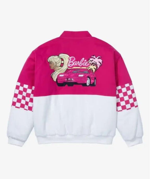 Barbie Pink and White Racer Cotton Motorcycle Jacket – The Jacket Factory